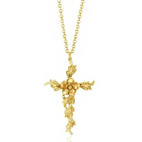 UNALOE Antique Leaf Cross Necklace Vermeil – Plated Vintage Cross Pendant – ’s Luxury Jewelry - Gold