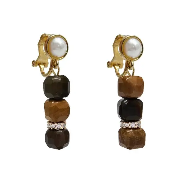 FARRA Cube Tiger Eye Clip-on Earrings - Brown