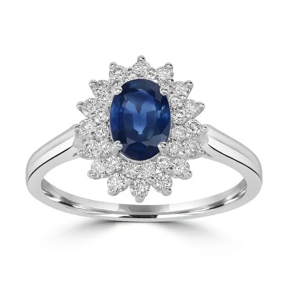ARTISAN White / Blue Oval Blue Sapphire Double Halo Ring In 18k White Gold - White/blue