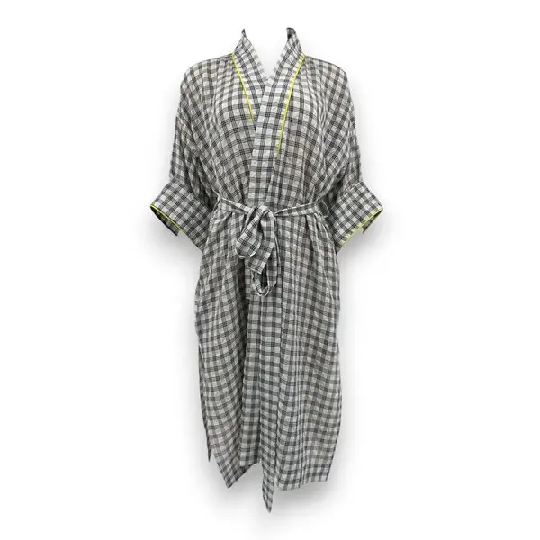 MONZLAPUR NEW YORK Grey / White Plaid Kimono Wrap Dress With Neon Piping - Grey/white