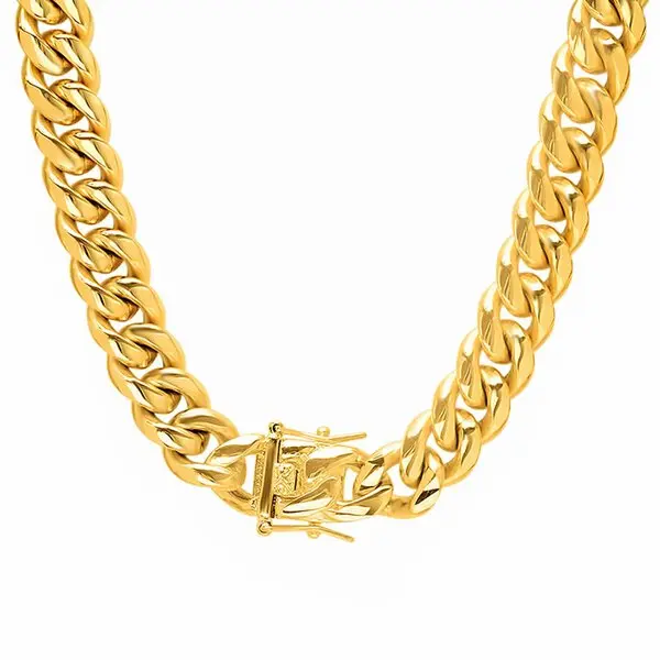 STEELTIME Stainless Steel 18k Plated 12mm Miami Cuban Necklace Chain With Box Clasp 30 Inch - Gold