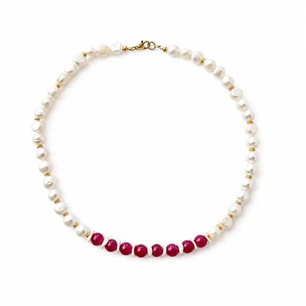 BELLUS DOMINA Natural Freshwater Pearl & Jade Necklace Pink Pearl - White/pink