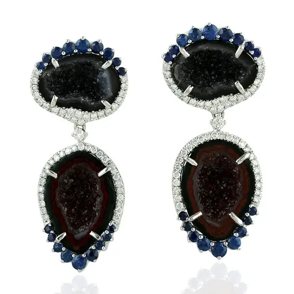 ARTISAN Geode Slice, Blue Sapphire & Diamond Drop Earrings In 18k Gold - White