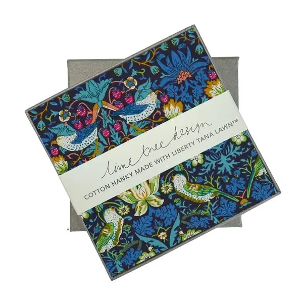 LIME TREE DESIGN Single Boxed Hanky Made With Liberty Fabric Strawberry Thief - Blue