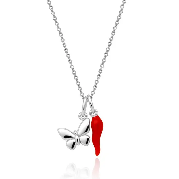 UNALOE Silver / Red Protection & Rebirth Necklace – Sterling Silver Butterfly And Red Horn Charm - Silver/red