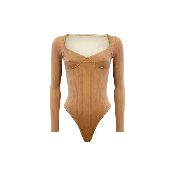 CHUKS COLLINS Neutrals Lady Liberty Long Sleeve Leotard In Tan Diffusion Collection Tasou The Athletic Side Of Us - Brown
