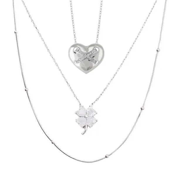 SPERO LONDON Heart X Italian Beaded White Clover Sterling Stacking Necklace Layering Set - Silver