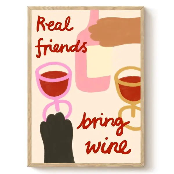 THE PAPER TAIL Friends Bring Wine Cat Art Print A4 - Red