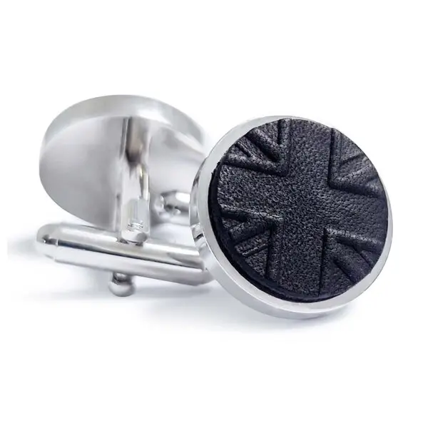N'DAMUS LONDON Black / Silver Coronation Regent Black Leather Rhodium Cufflinks - Black/silver