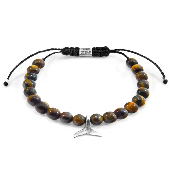 ANCHOR & CREW Tigers Eye Think Ocean Mini Whale Silver & Stone Macrame Bracelet - Brown