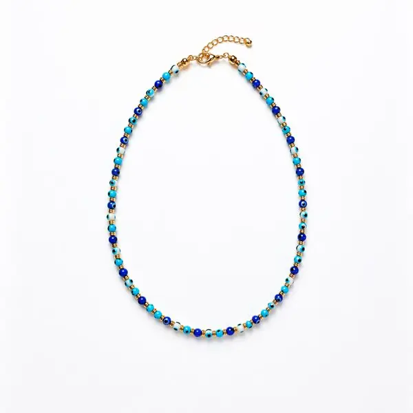NUVV COLLECTION Evil Eye Beaded Necklace – Gold Detail Summer Choker - Blue