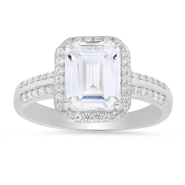 KYLIE HARPER Emerald-cut Diamond Cz Halo Ring In Sterling - Silver