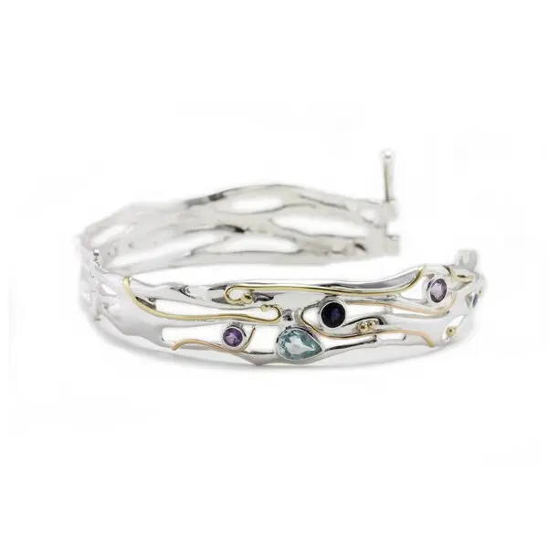 ISLA SILVER Hinged Bangle With Blue Topaz, Iolite & Amethyst - Silver