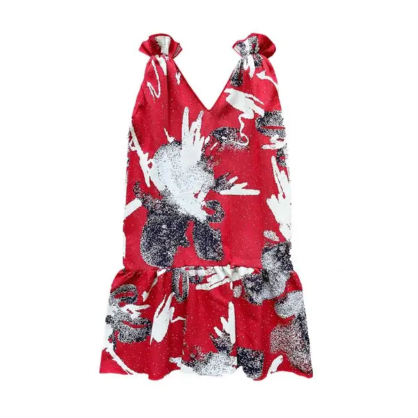 ARTO. Shoulder Ruffles Gathe Floral Midi Dress - Red