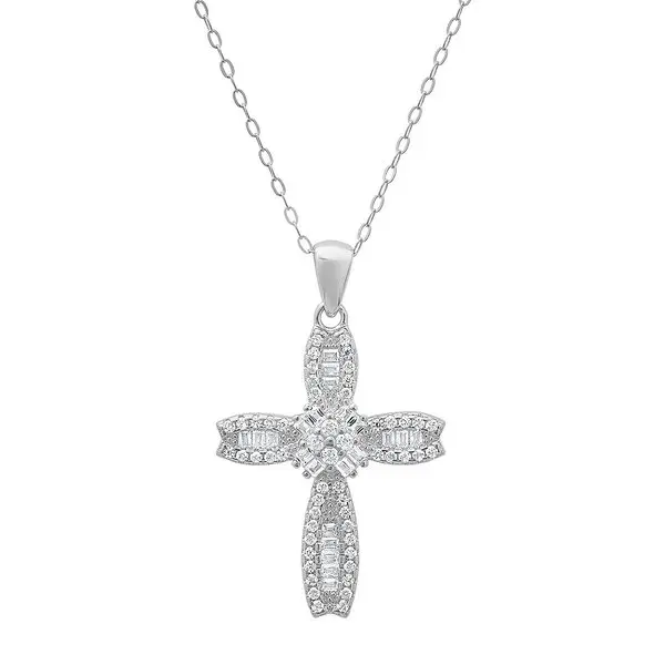 KYLIE HARPER Petite Luxurious Baguette-cut Diamond Cz Cross Pendant Necklace In Sterling - Silver