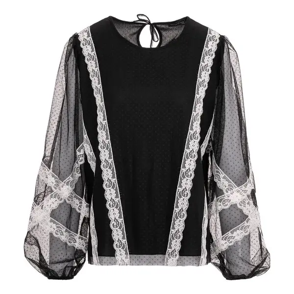 CONCEPT A TROIS Tulle Blouse With Polka Dots And Lace Details - Black