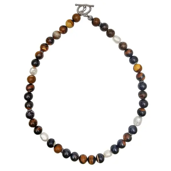 FARRA Tiger's Iron Stone With Freshwater Pearls Necklace - Brown