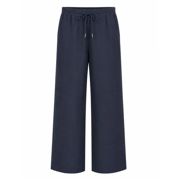 LUELLA FASHION Linen Trousers Elastic Waistband Drawstring Navy - Blue