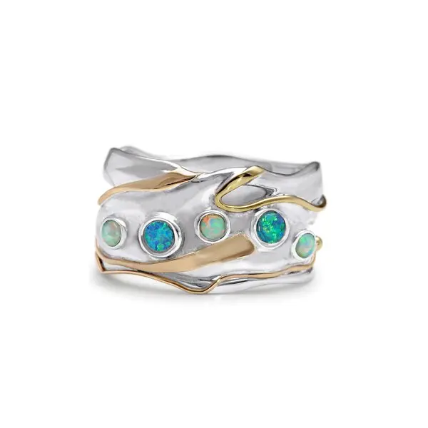 ISLA SILVER Blue / White / Silver Quintet Of Fire Opals Ring - Blue/white/silver