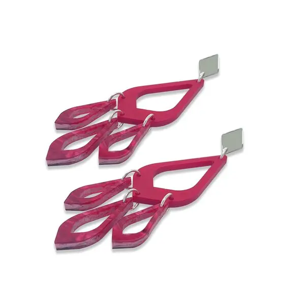 TOOLALLY Feather Drop Earrings Royal & Pink Swirl - Red