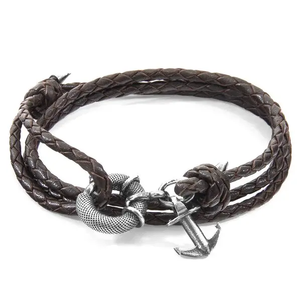 ANCHOR & CREW Brown / Silver Dark Brown Clyde Anchor Silver & Braided Leather Bracelet - Brown/silver