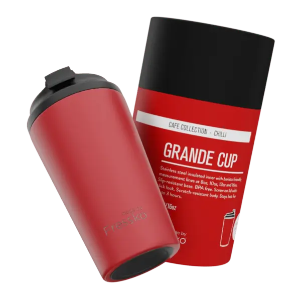 Fressko Grande 16oz / 475ml Reusable Coffee Cup, Stainless Steel Chilli - Red