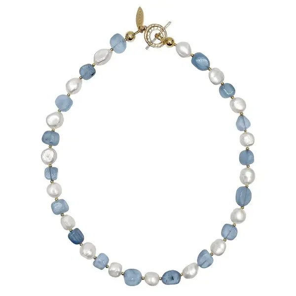 FARRA Free Style Irregular Freshwater Pearls With Aquamarine Short Necklace - Blue