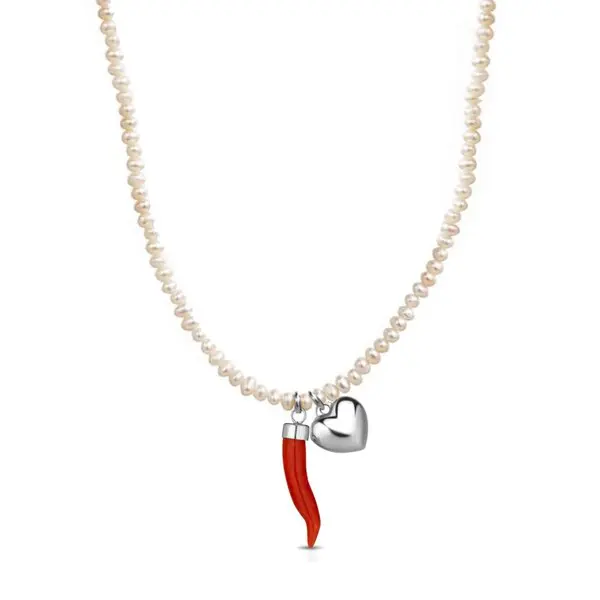 UNALOE Baroque Pearl Necklace With Coral Cornicello And Heart - Silver