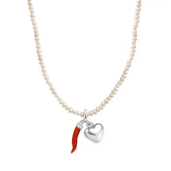 UNALOE Baroque Pearl Necklace With Coral Cornicello And Heart - Silver