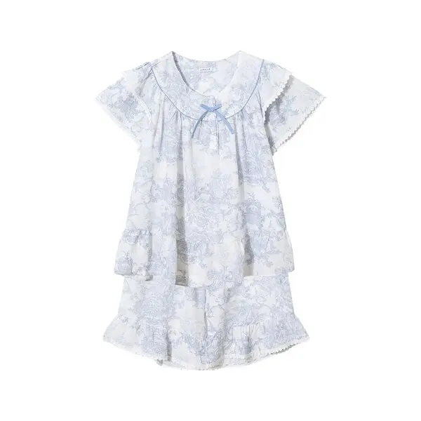 LUNALUZ French Toile Korea Vegan Silk Bamboo Rayon Pyjama Set - Blue