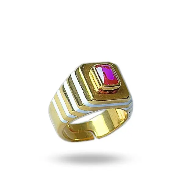 LINYA JEWELLERY Octagon Claret Stone Enamel Signet Ring - Red