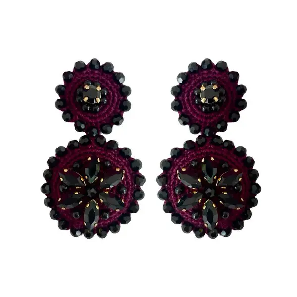 PINAR OZEVLAT Flower Drop Earrings Burgundy - Black