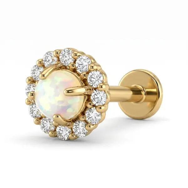 Zahav Jewelry 14k Solid 18g 8mm Opal & Round Cz Internally Threaded Flat Back Stud - Gold