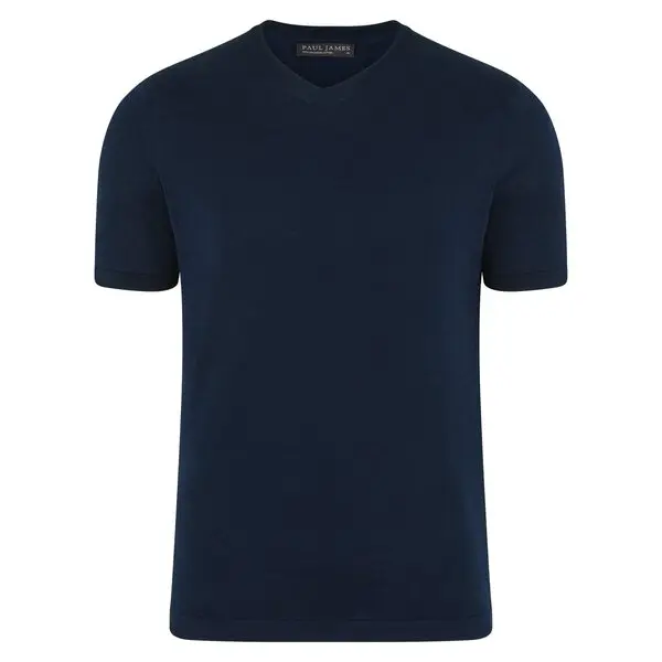 PAUL JAMES KNITWEAR Superfine Mercerised Cotton Adriano V Neck Knitted T-shirt Navy - Blue
