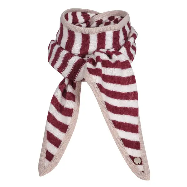 TIRILLM Ayla Small Neck Scarf In Soft Pure Cashmere, Deep Burgundy And White Stripes With Beige Trimming - Red