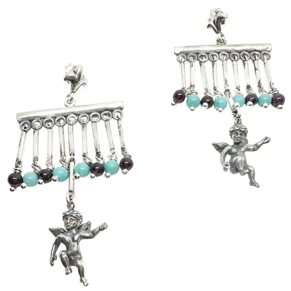 TG-JEWELLERY BY TAMARA GERVASIO Silver / Blue / Red Sterling Silver Cherub Chandelier Earrings With Garnet & Turquoise – Lost Wax Carving - Silver/blue/red