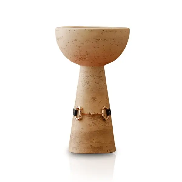 MARLETH Neutrals Handmade Travertine Pedestal Bowl, Leather Detailed - Black