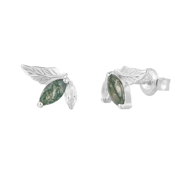 AZURA JEWELRY NEW YORK Verdant Moss Agate Stud Earrings White Gold Vermeil - Silver