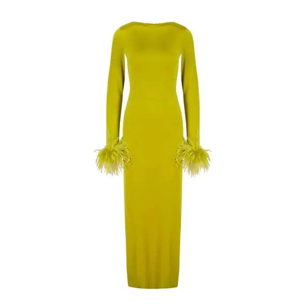 NALÈ Lime Maxi Dress With Feather Trim