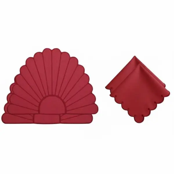 ROUMÉLIE ORIENTALE Embroide Seashell Placemat & Napkin Set Of Two - Red