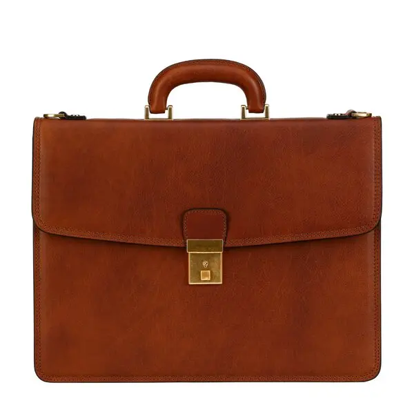 TIME RESISTANCE Leather Briefcase The Sound Of The Mountain Cognac - Brown