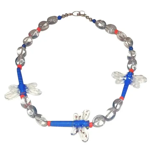 Way To Chic White / Blue / Neutrals Dragonfly Glass Necklace With Lapis Lazuli - White/blue