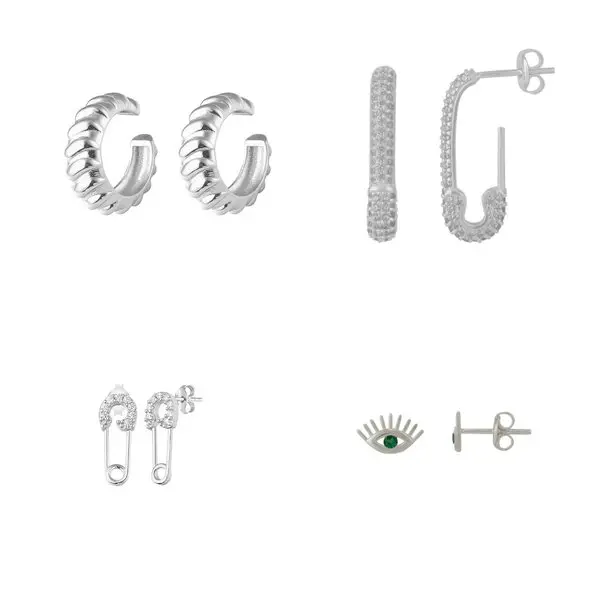 SPERO LONDON Sterling Safety Pin Stud Croissant Ear Cuff & Emerald Evil Eye Earring Set Pair - Silver