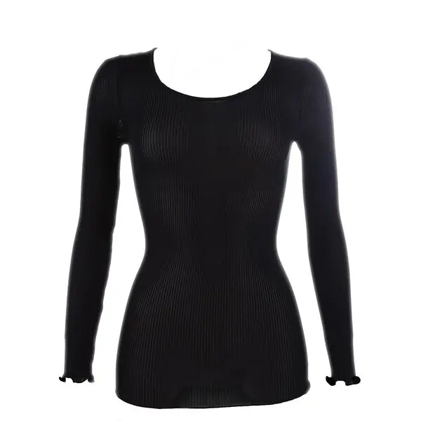 AROMATIQUE Pure Ribbed Silk Crewneck Top - Black