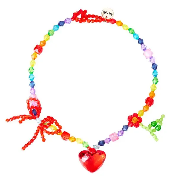TILLIE BEADS Handmade Rainbow Beaded Necklace With Heart Pendant - Red