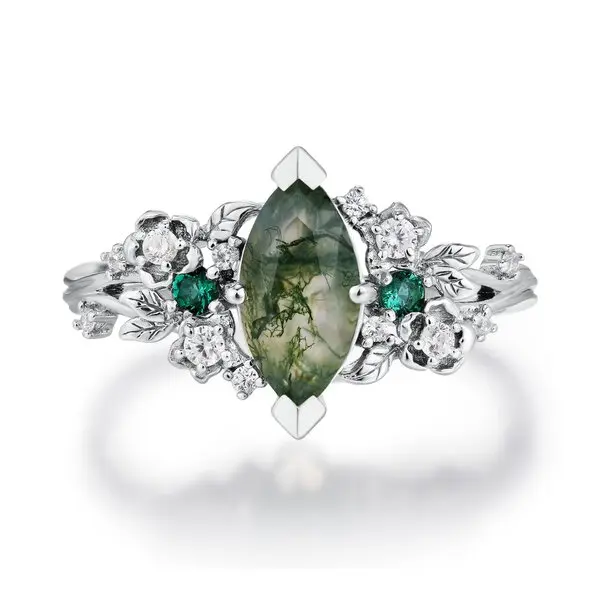 AZURA JEWELRY NEW YORK Briar Meadow Moss Agate Ring White Gold Vermeil - Silver