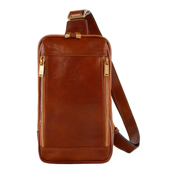 TIME RESISTANCE Cognac Leather Sling Bag Chest Bag Kim - Brown