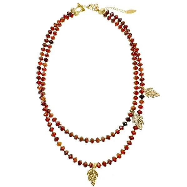 FARRA Birthstone Garnet With Leaves Charms Double Strands Necklace - Orange