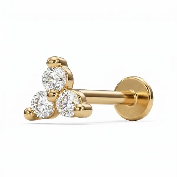 Zahav Jewelry 14k Solid Yellow 18g 8mm Trinity Cz Internally Threaded Flat Back Stud - Gold