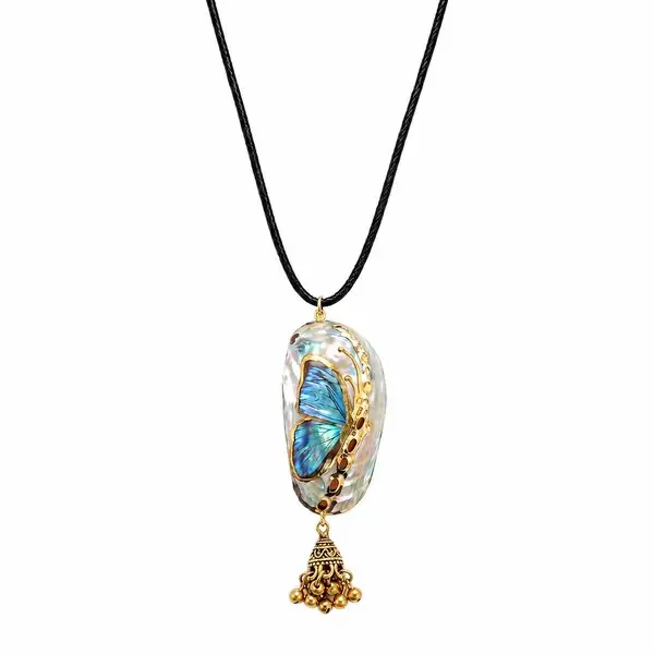 ORMIRO Hand-painted Butterfly Shell Necklace - Blue